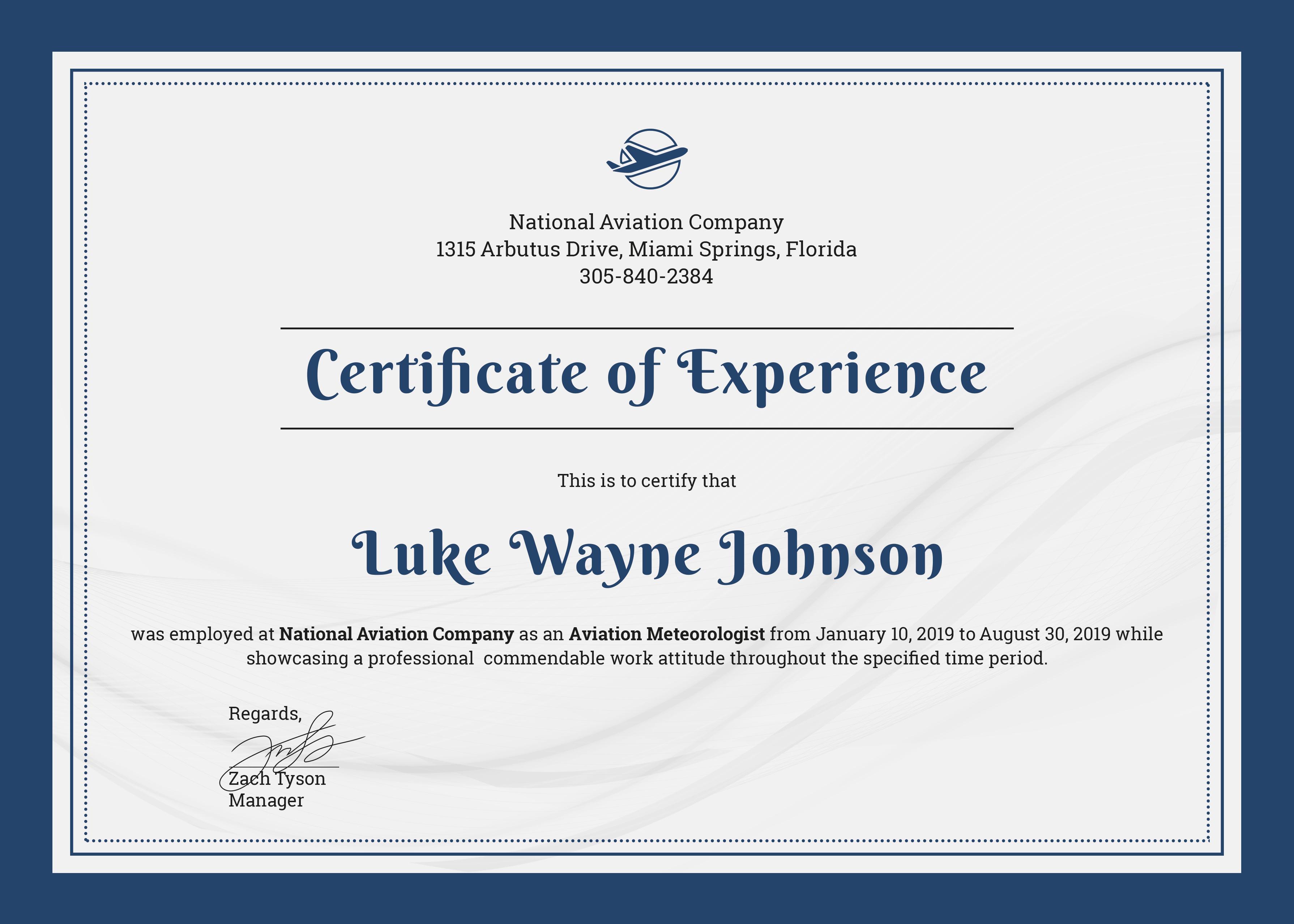 Company Experience Certificate Template Certificate Of
