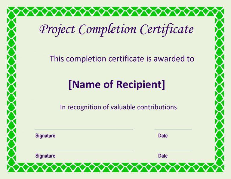 Free Sample Certificate of Project Templates