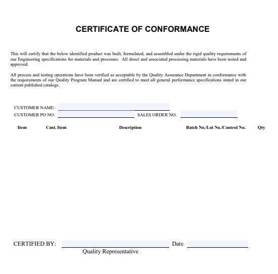 Free Printable Certificate Of Conformance PDF Template Format 2022 